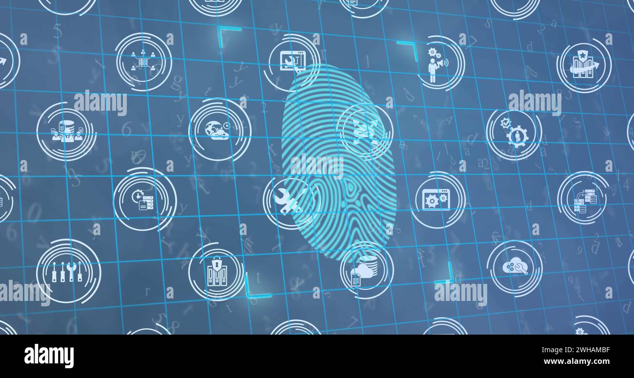 Image of multiple digital icons with biometric fingerprint on blue ...