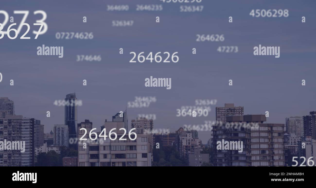 Image of floating numbers over cityscape Stock Photo - Alamy