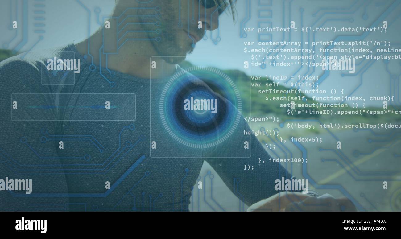 Image of scope scanning and data processing over man checking smartwatch Stock Photo - Alamy