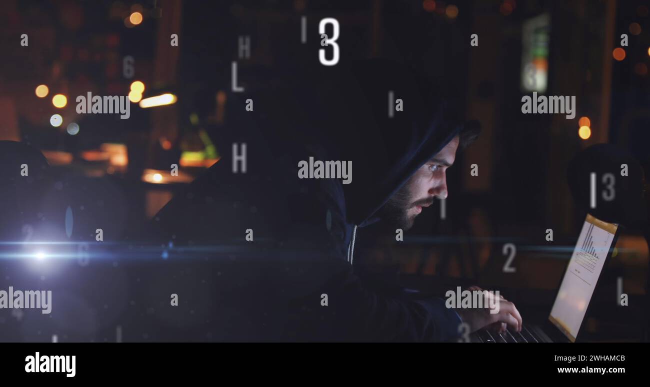 Image of data processing over caucasian hacker using computer Stock Photo - Alamy