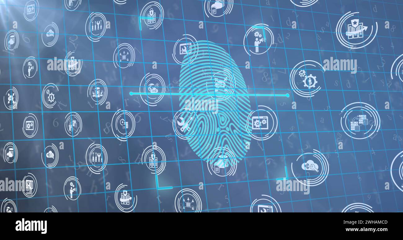 Image of multiple digital icons with biometric fingerprint on blue ...
