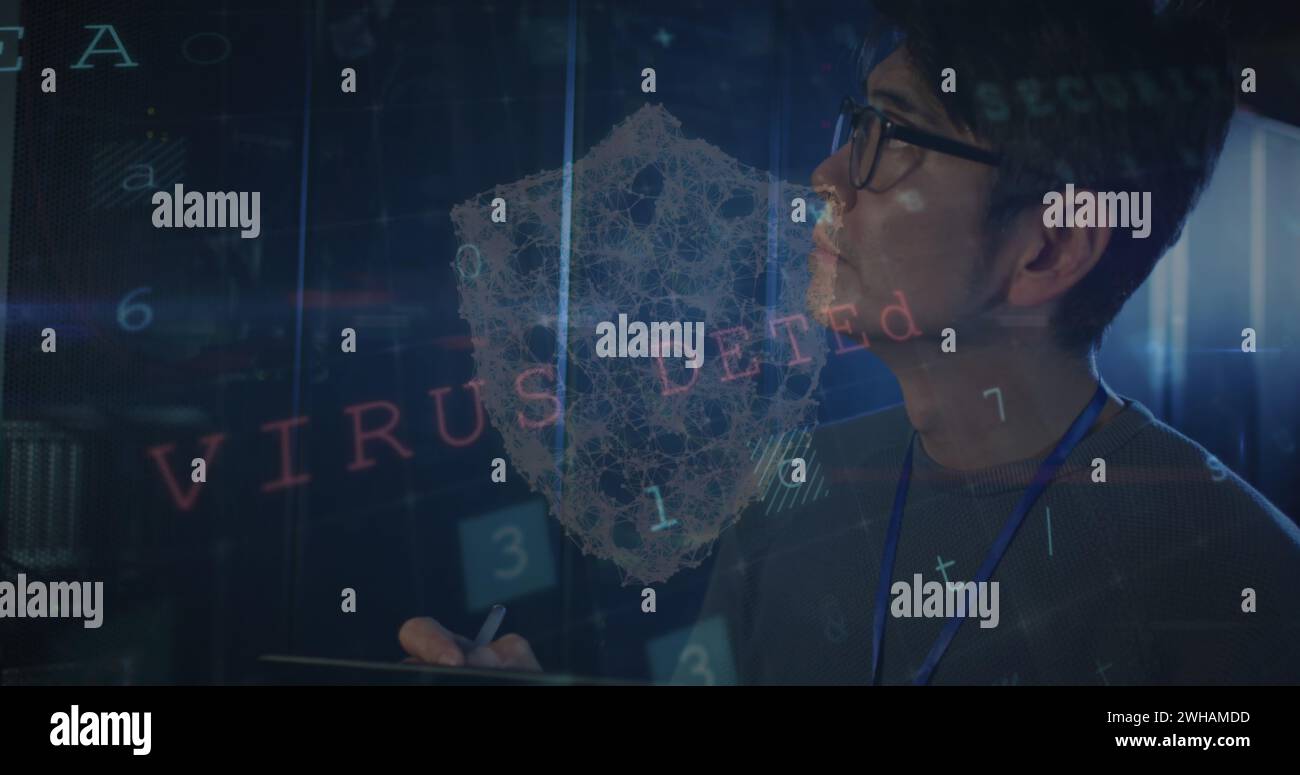 Image of data processing over asian male worker in server room Stock ...