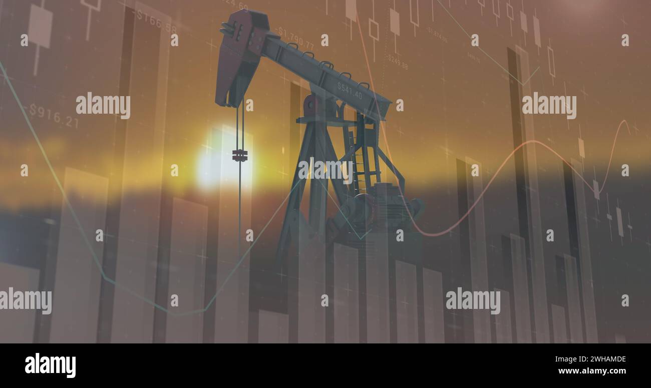 Image of financial graphs over pump jack Stock Photo - Alamy