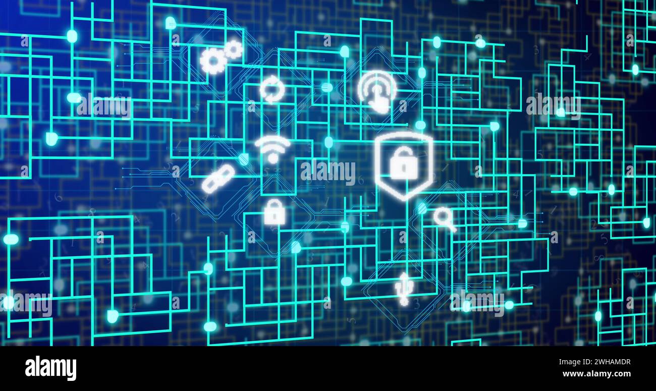 Image of media icons over network of connections Stock Photo - Alamy