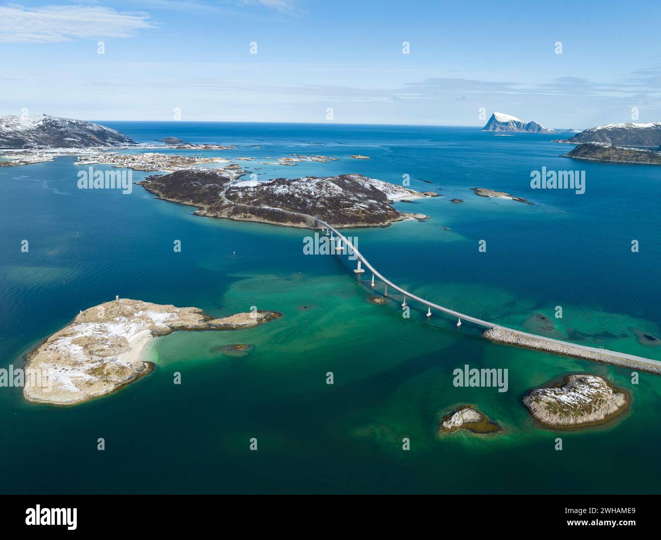 Drone shot of bridge over ocean connecting island Stock Photo - Alamy