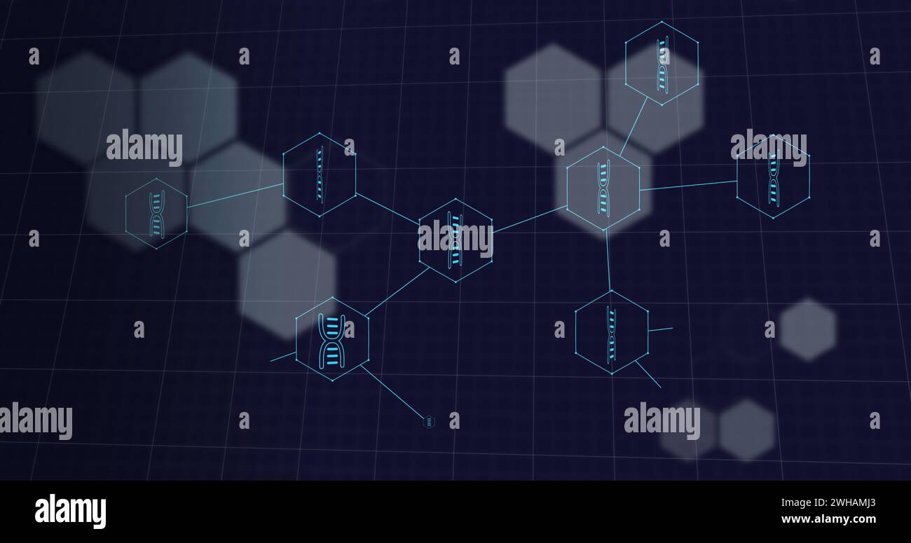 Image of shapes and network of connections with dna strands on black ...