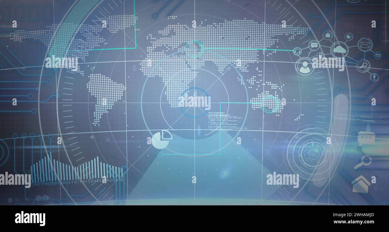 Round scanner over digital icons and world map on blue background Stock ...
