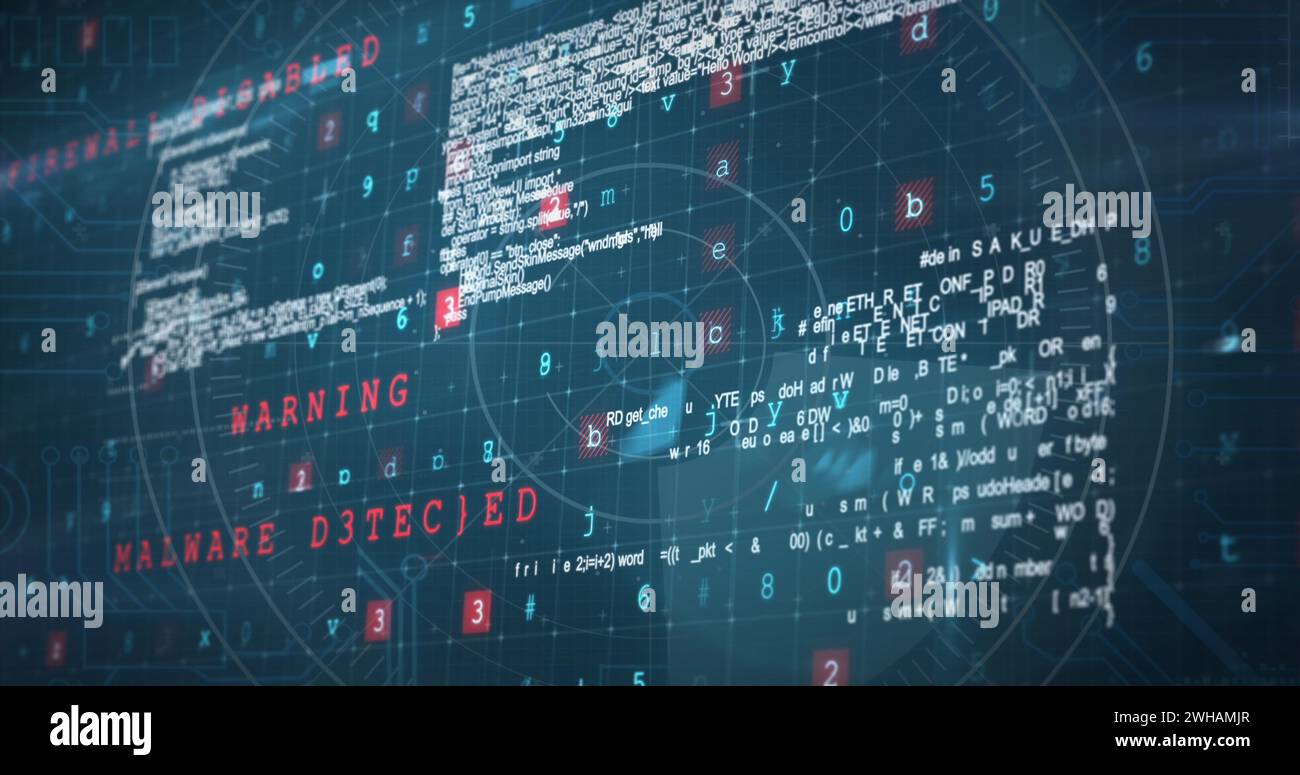 Image of data processing with cyber attack warning text and scope scanning Stock Photo - Alamy