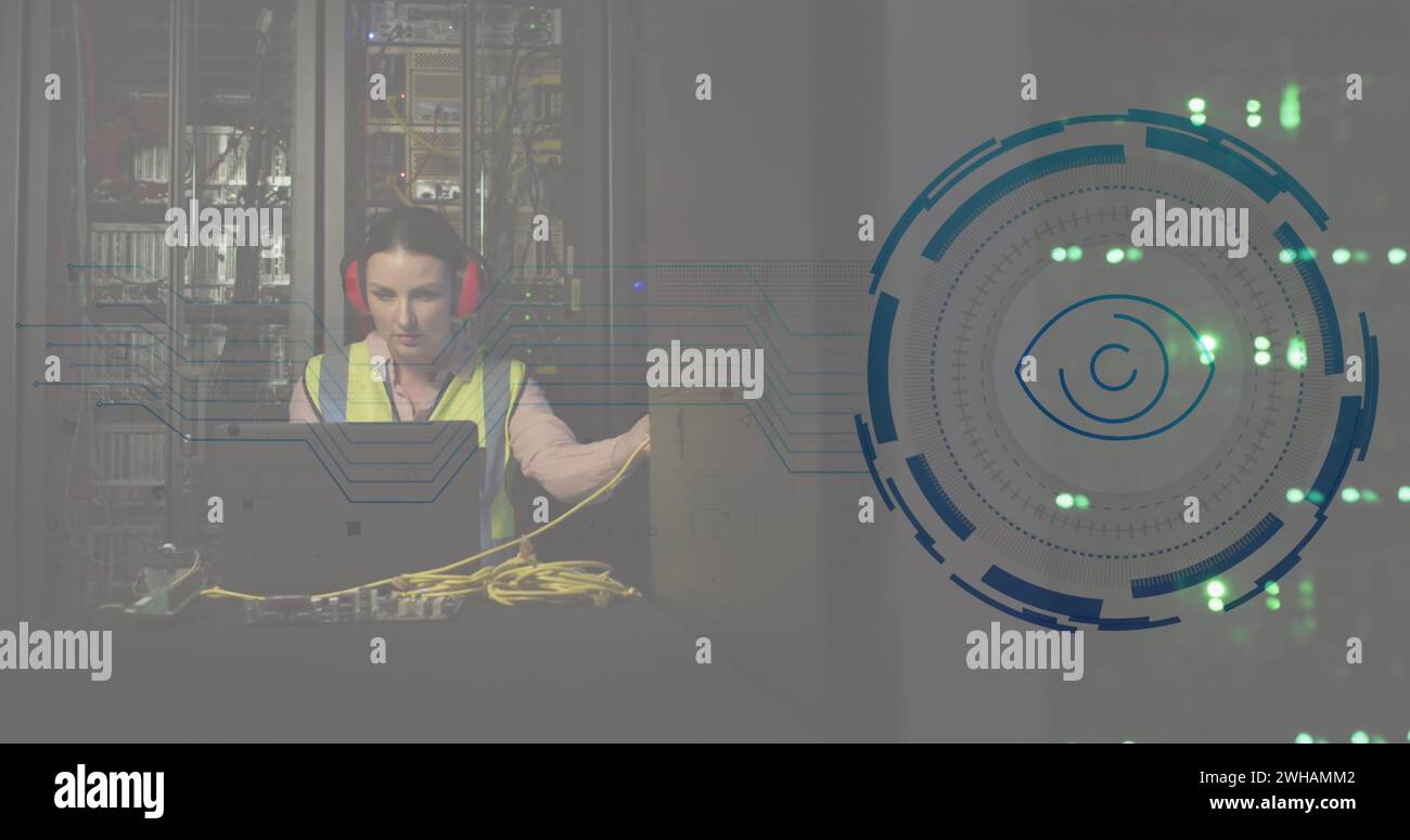 Image of data processing over caucasian female worker in server room ...