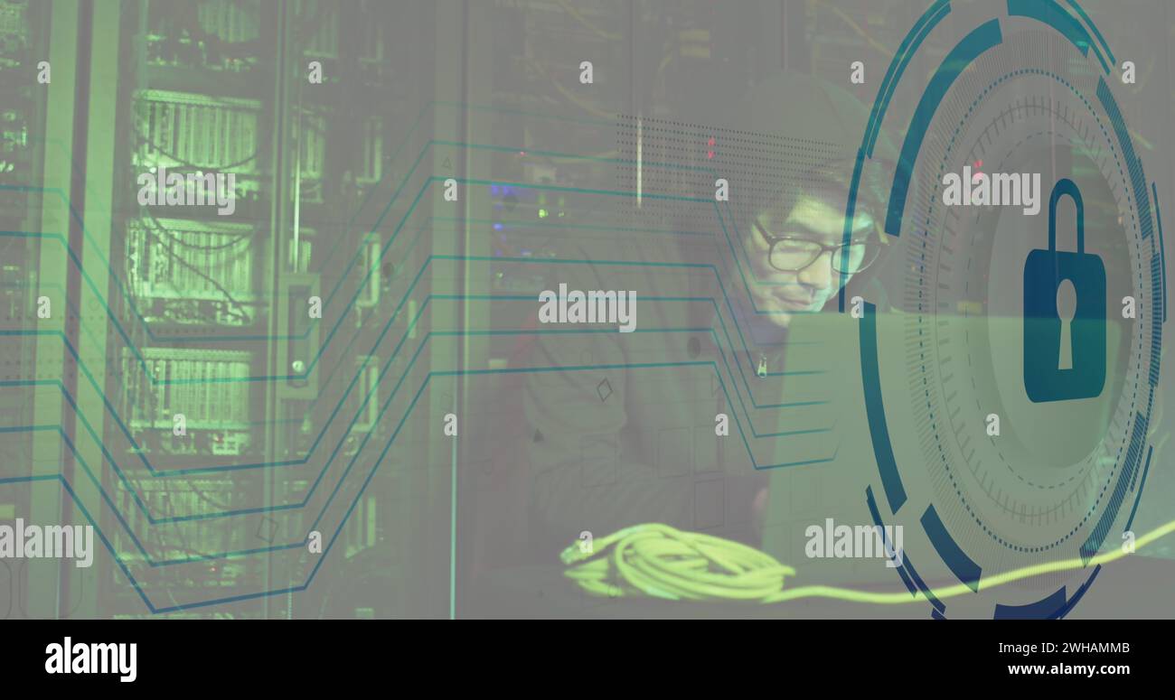 Image of data processing over asian male hacker in server room Stock ...