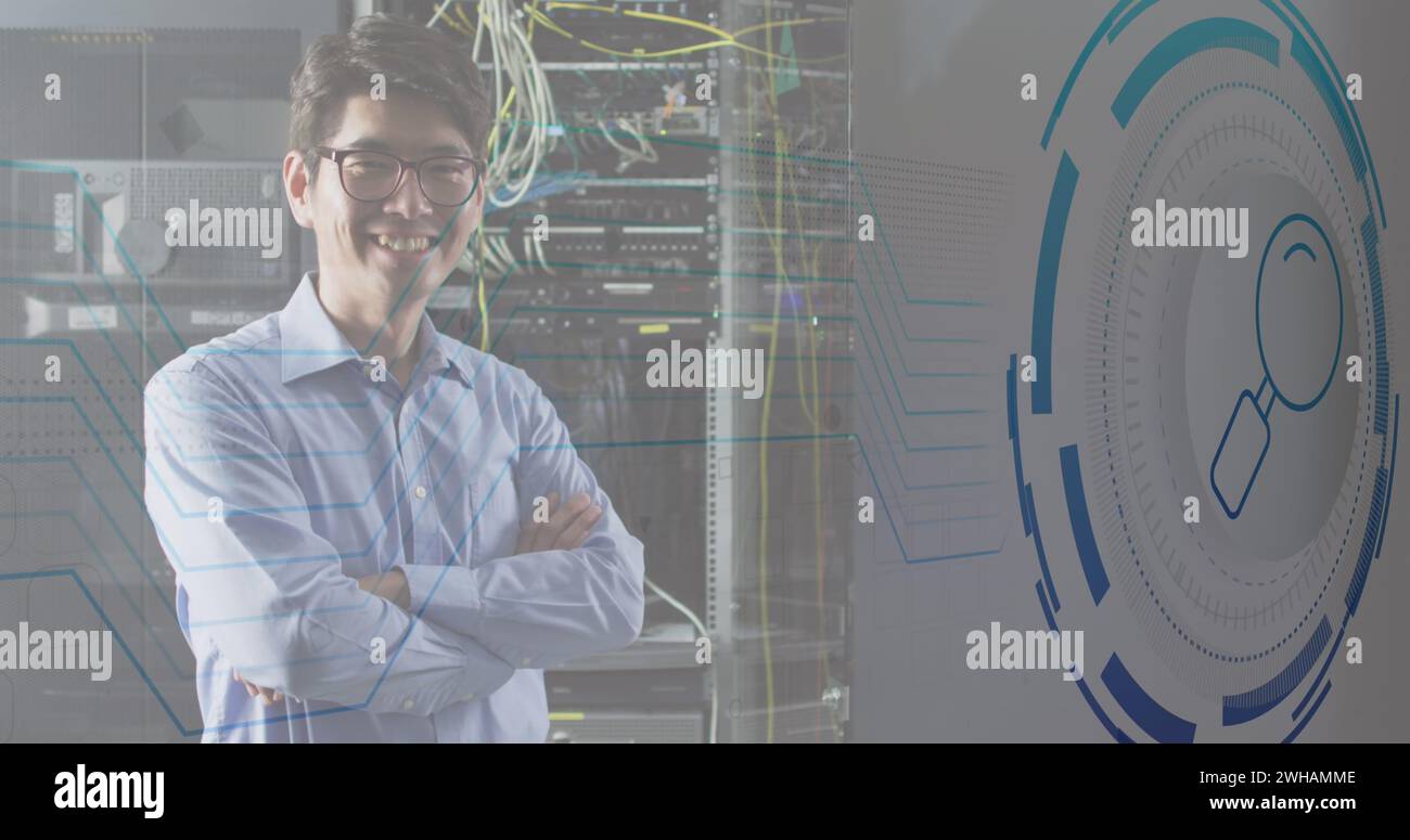 Image of data processing over happy asian male worker in server room ...