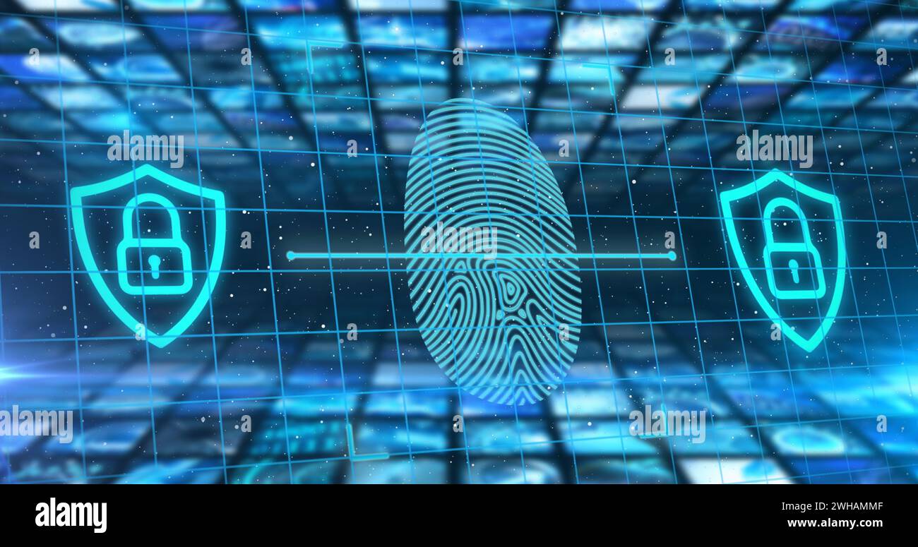 Security padlock and biometric fingerprint scanner over grid network ...