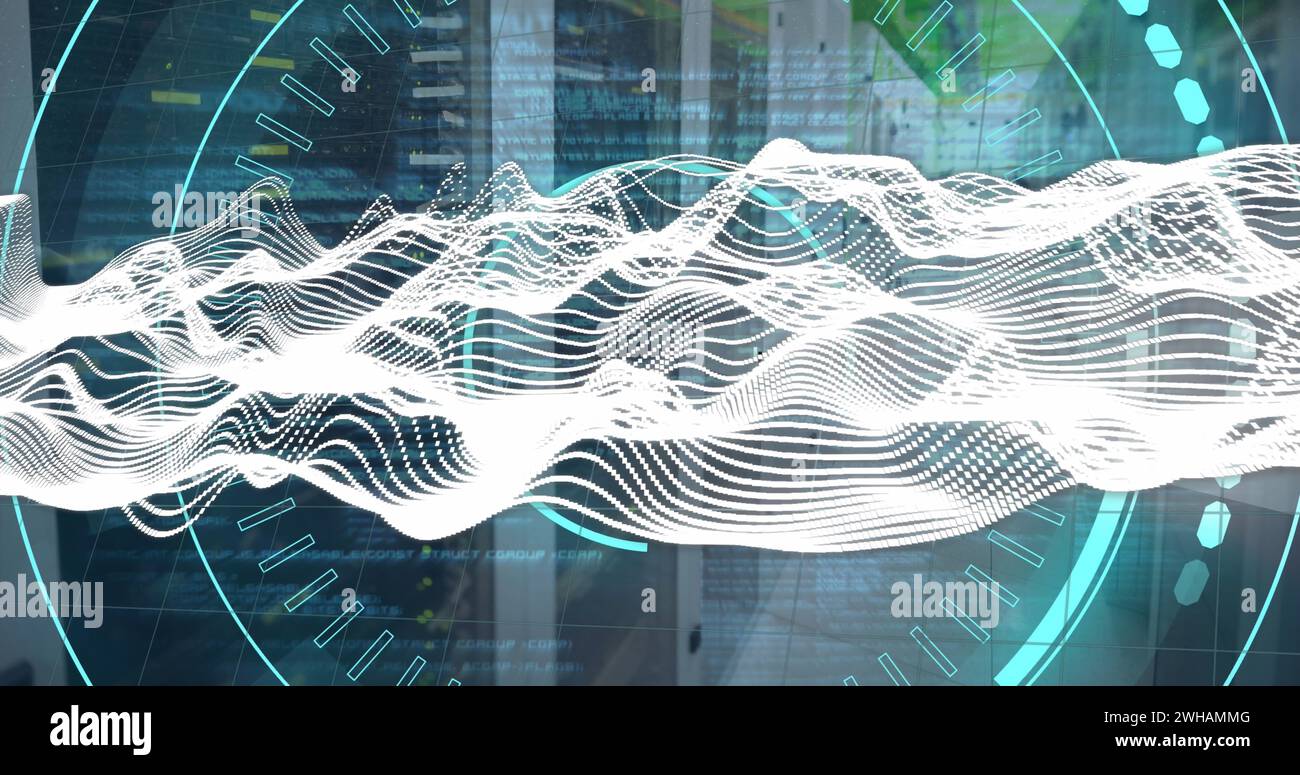 Image of data, processing circle and waves over servers Stock Photo - Alamy