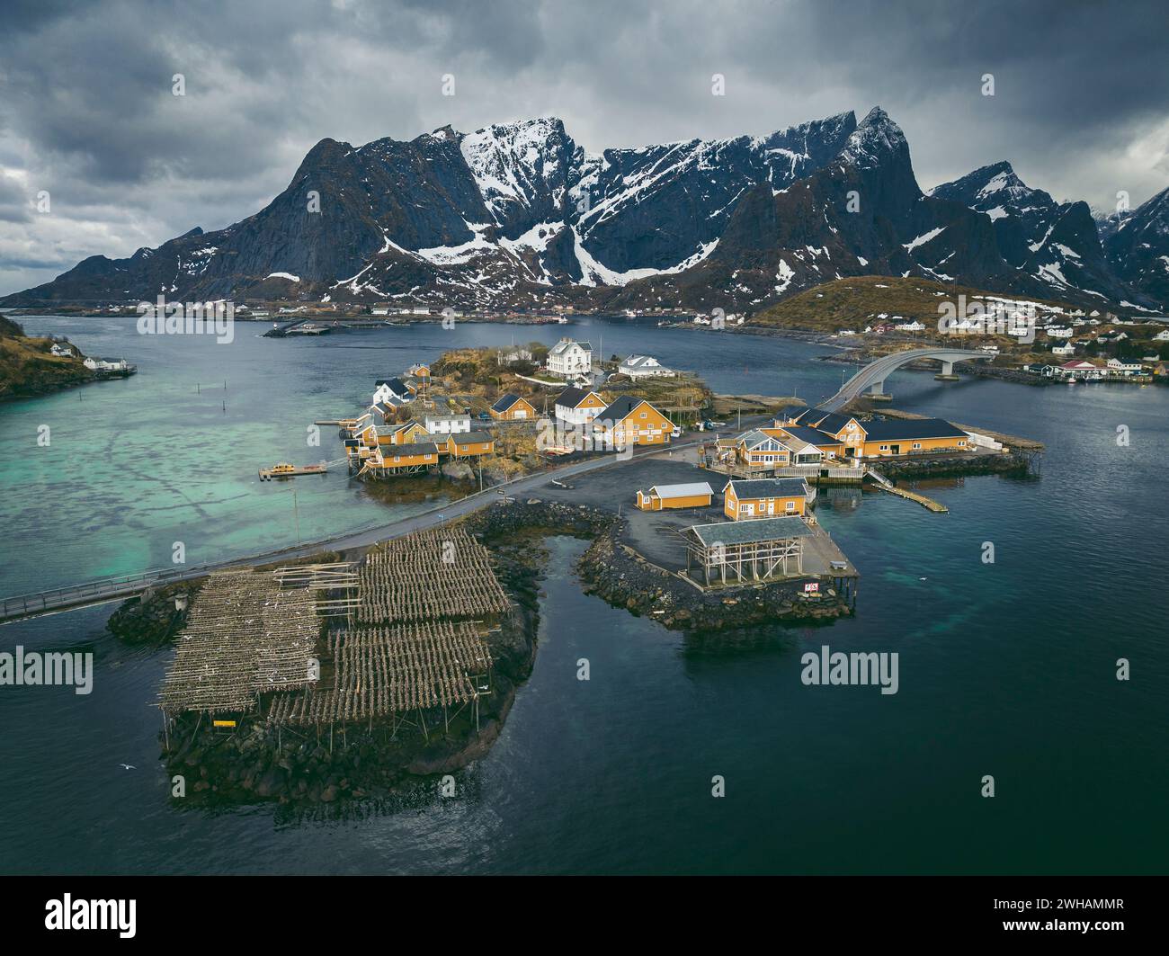 Aerial shot of houses and bridges at island in winter Stock Photo - Alamy