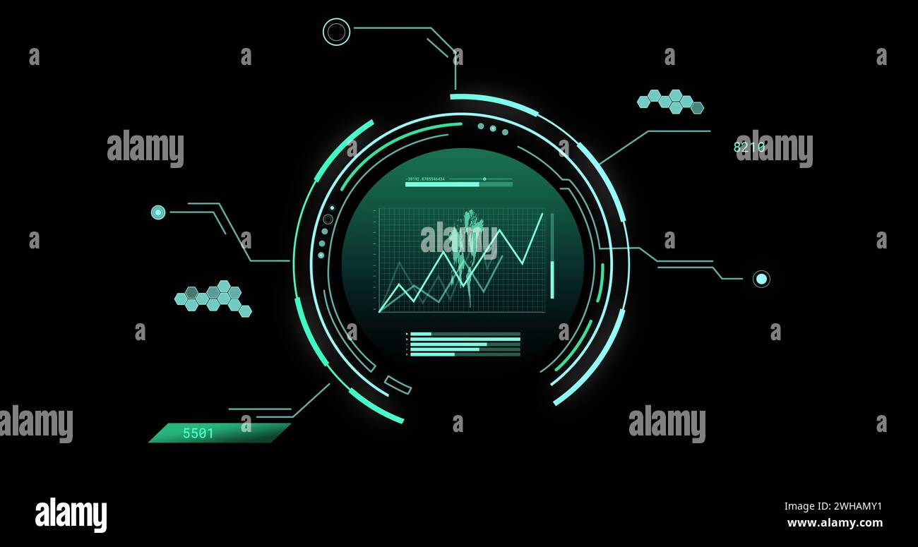 Image of scopes and scientific data processing over black background ...