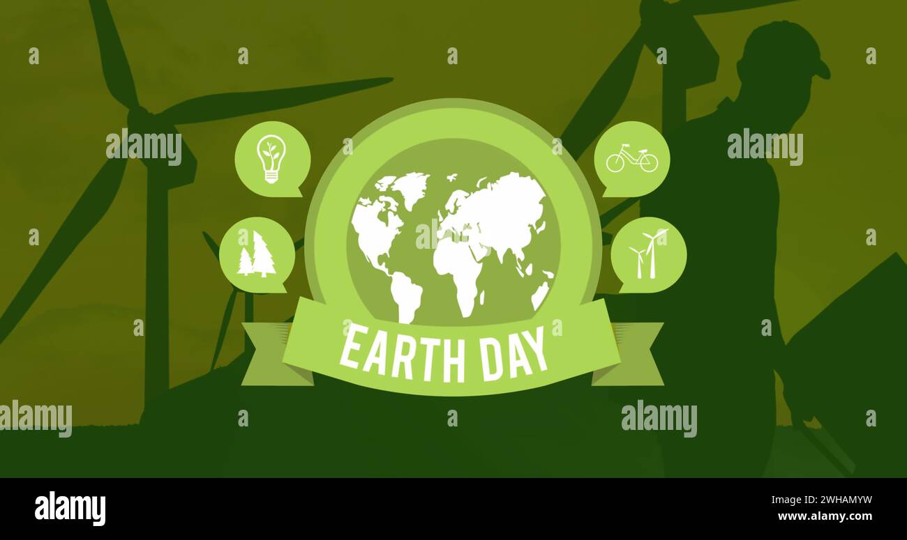 Image of earth day and globe on green background with wind turbines ...