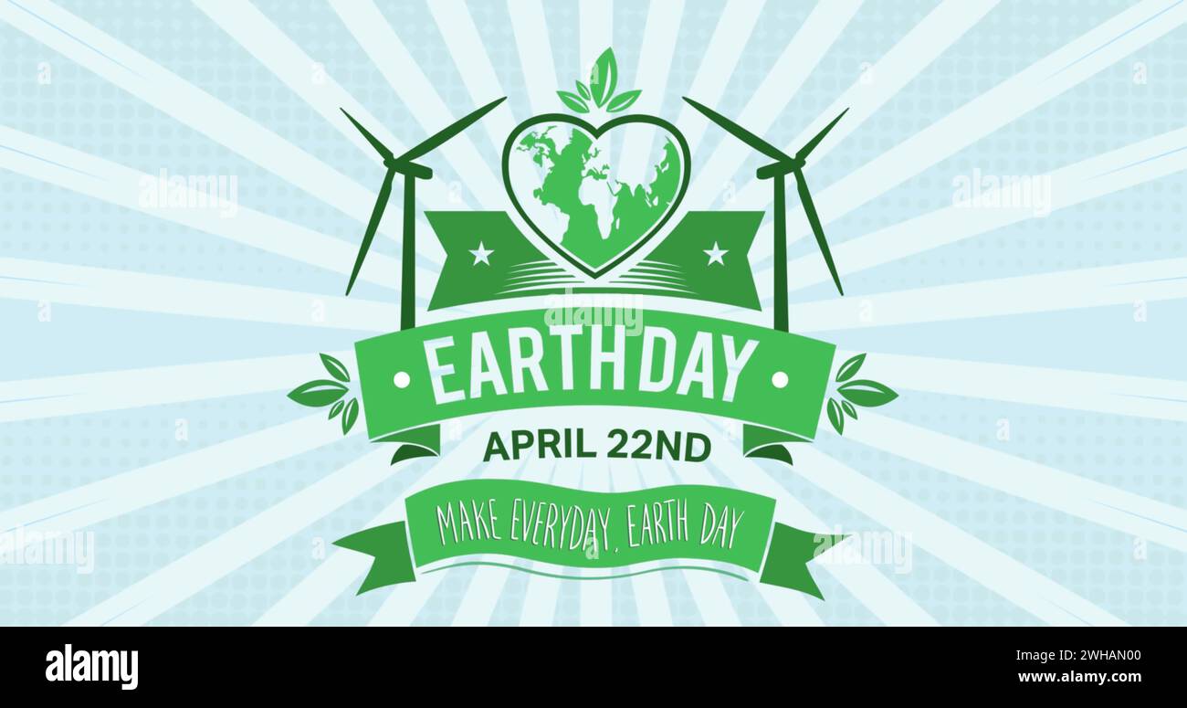 Image of earth day, wind turbines and date on blue background Stock ...