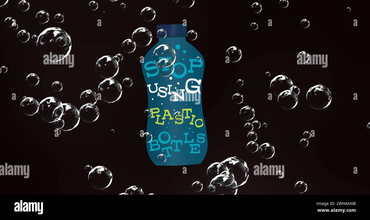 Image of bubbles over bottle with stop using plastic on black ...