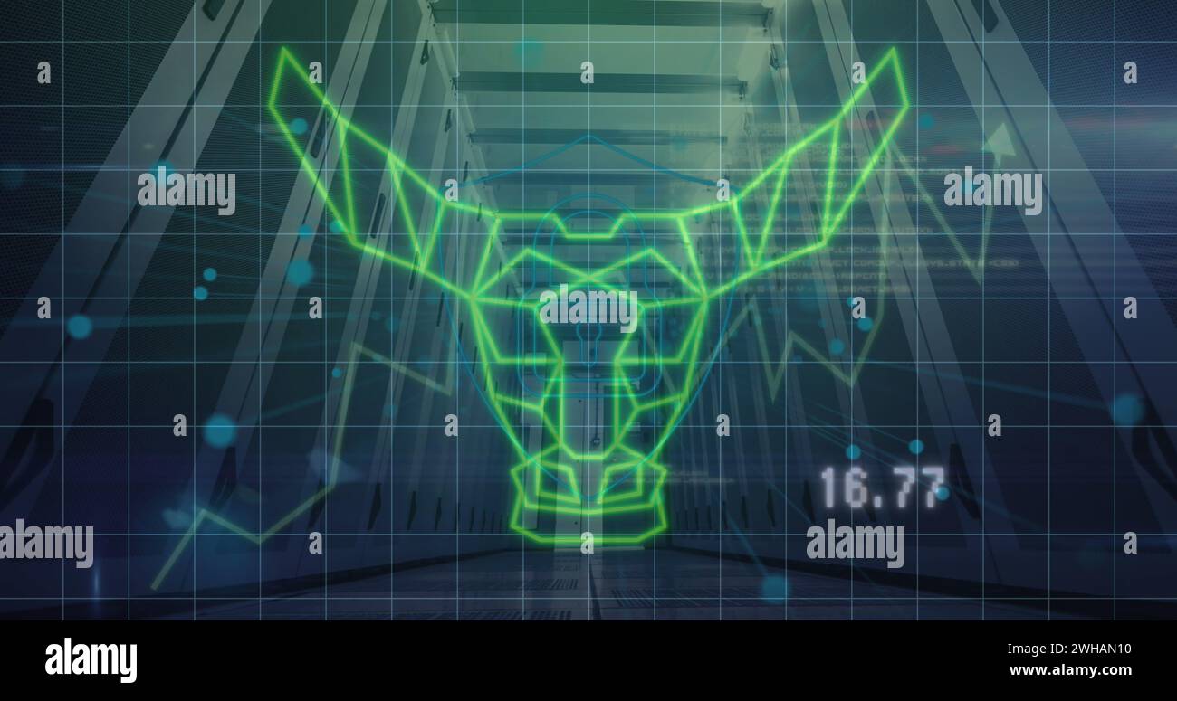 Image of graphs, dots and bull head over servers Stock Photo - Alamy