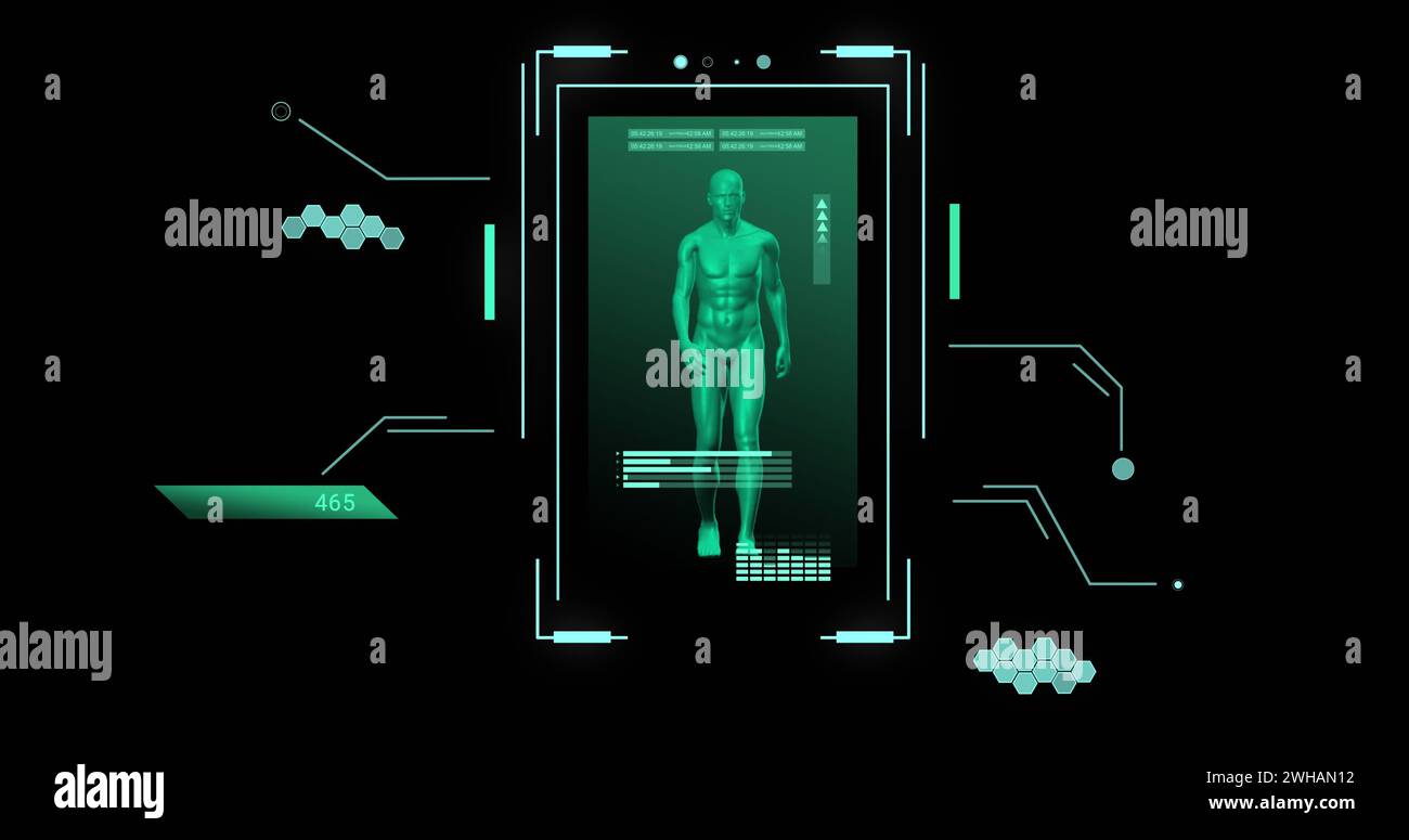 Image of human body and scientific data processing over black ...