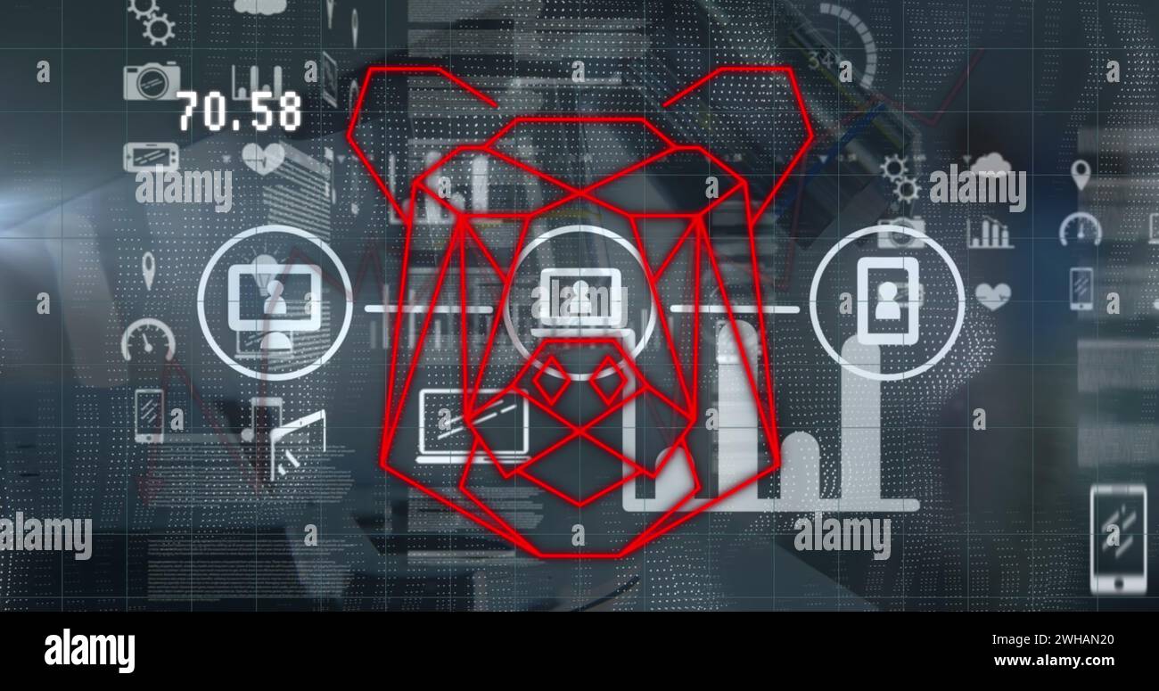 Image of tech icons, data and bear head on grey background Stock Photo - Alamy