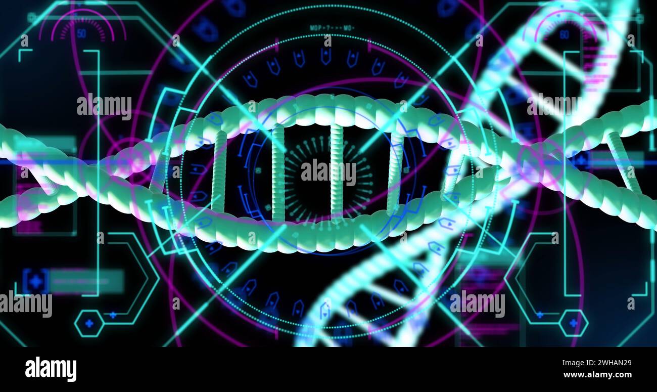 Image of dna strands spinning with data processing over black background Stock Photo - Alamy