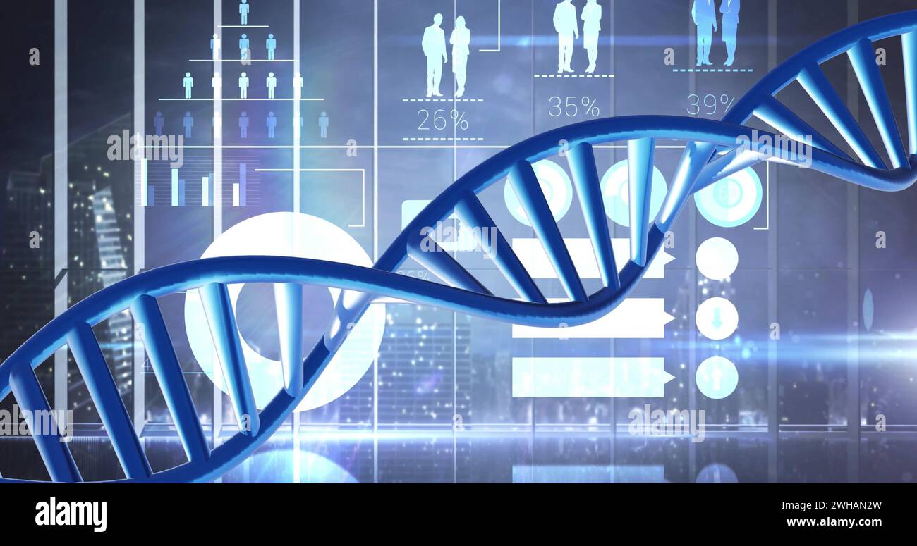 Image of dna strand spinning over data processing on blue background ...