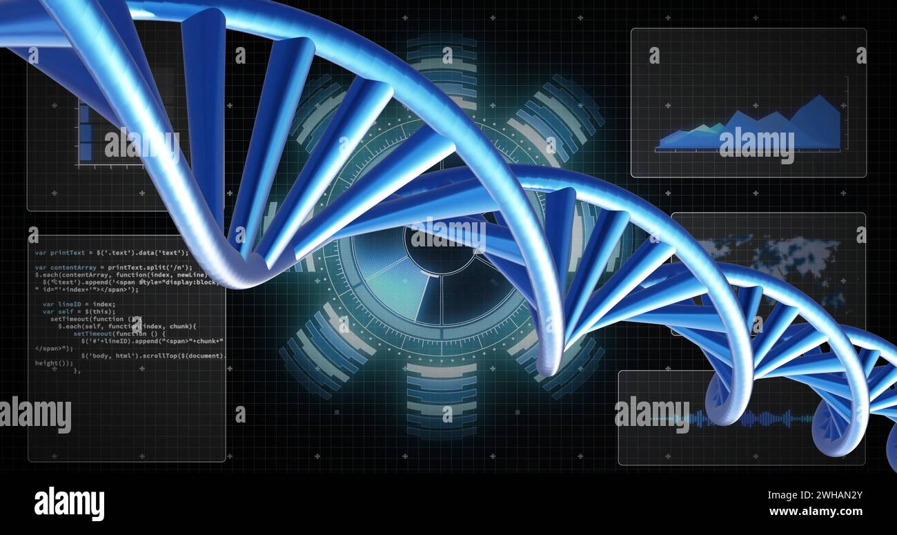 Image of dna strand spinning with data processing over black background ...