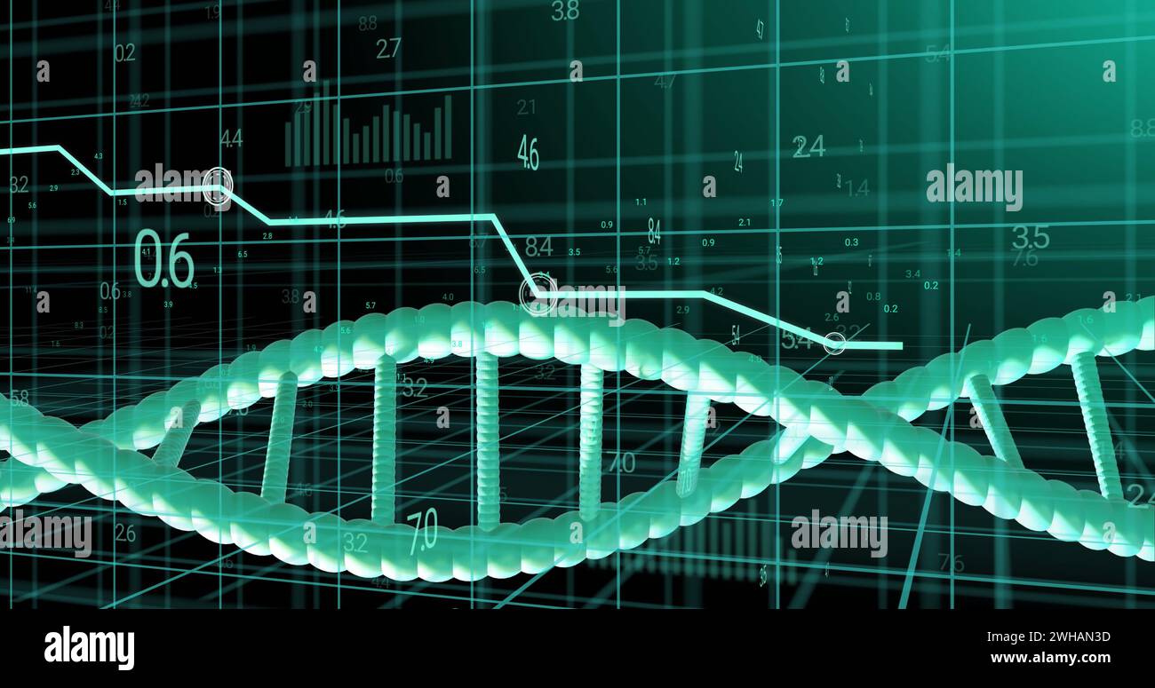Image of dna strand spinning over data processing on black background Stock Photo - Alamy