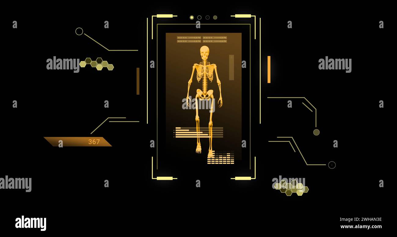 Image of human skeleton and scientific data processing over black ...