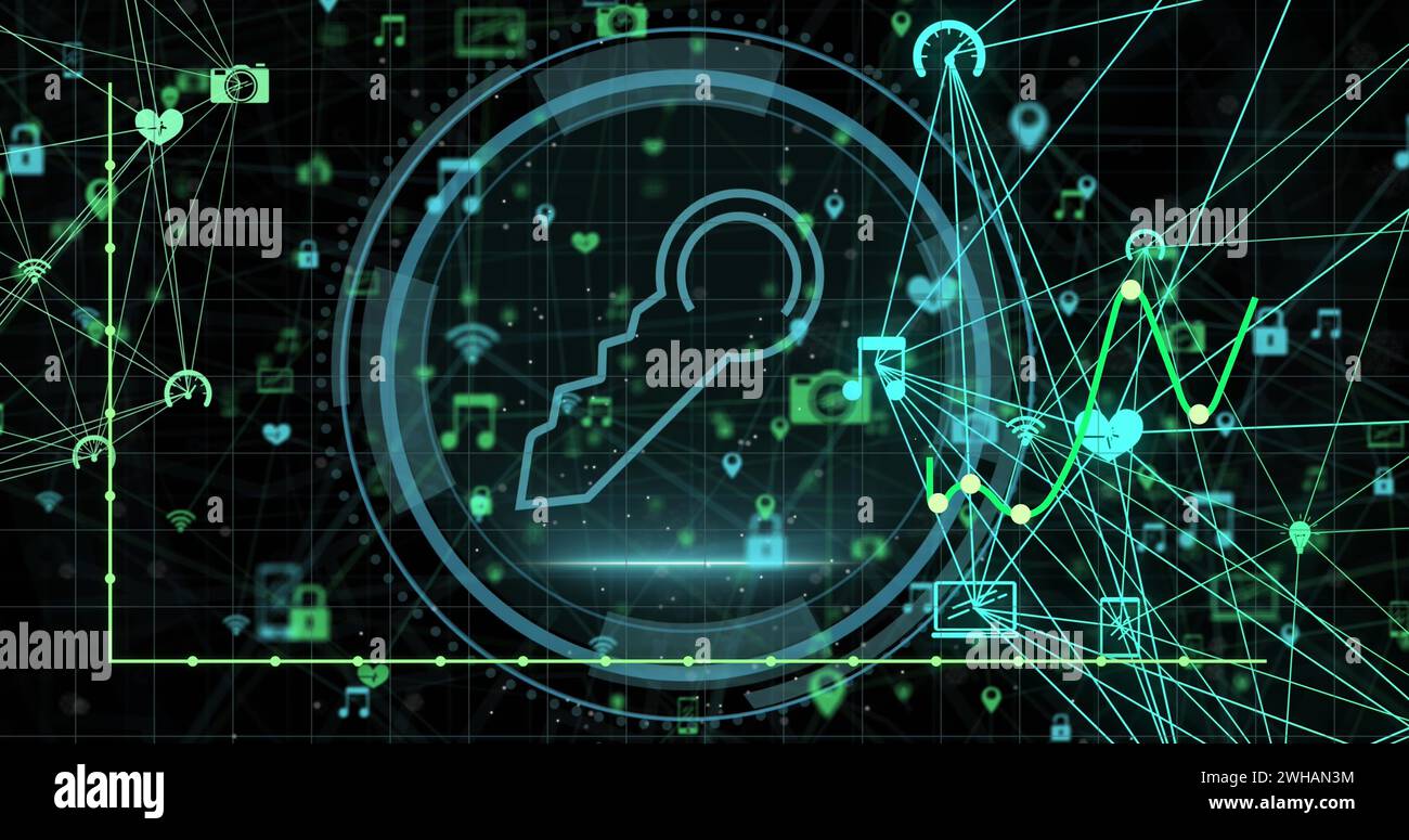 Image of graphs, cyber security, key and connections on black ...