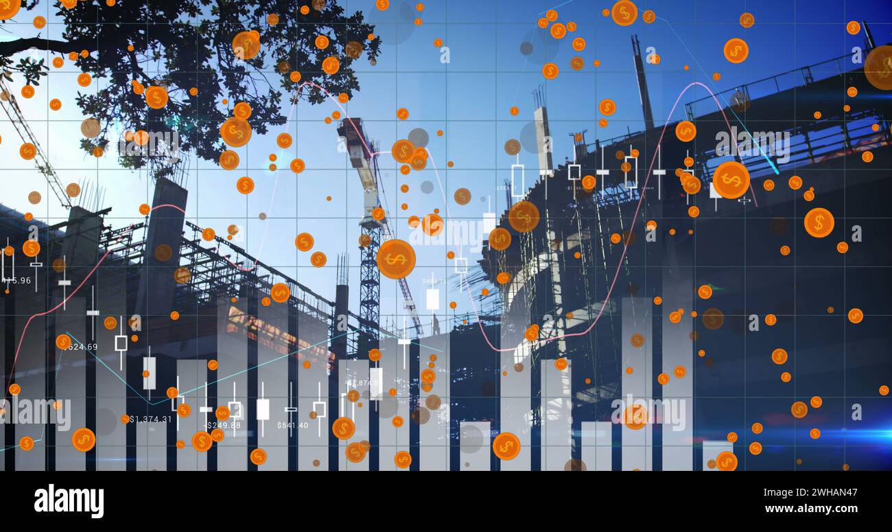 Image of graphs and coins over construction site Stock Photo - Alamy
