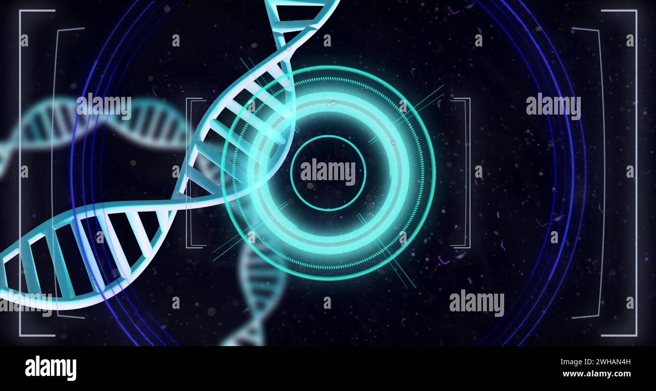 Image of dna strands spinning with data processing over black background Stock Photo - Alamy