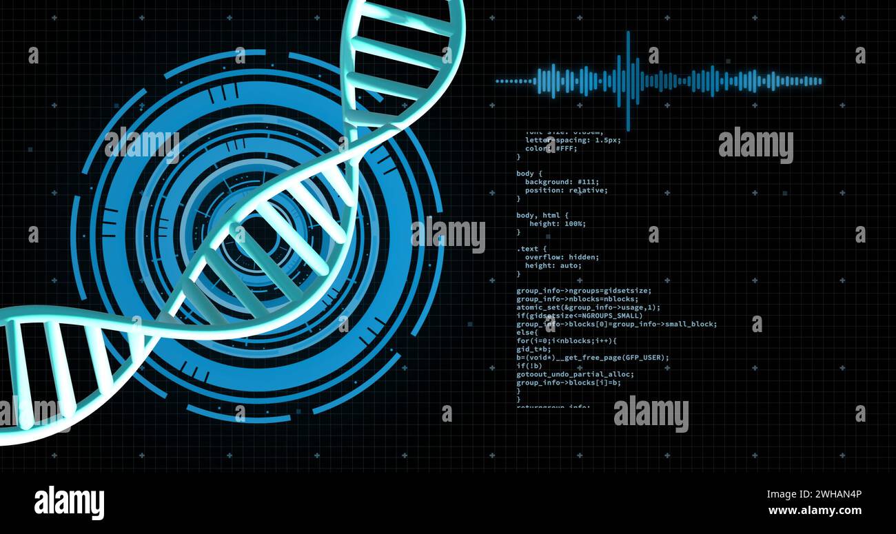 Image of dna strand spinning with data processing over black background ...