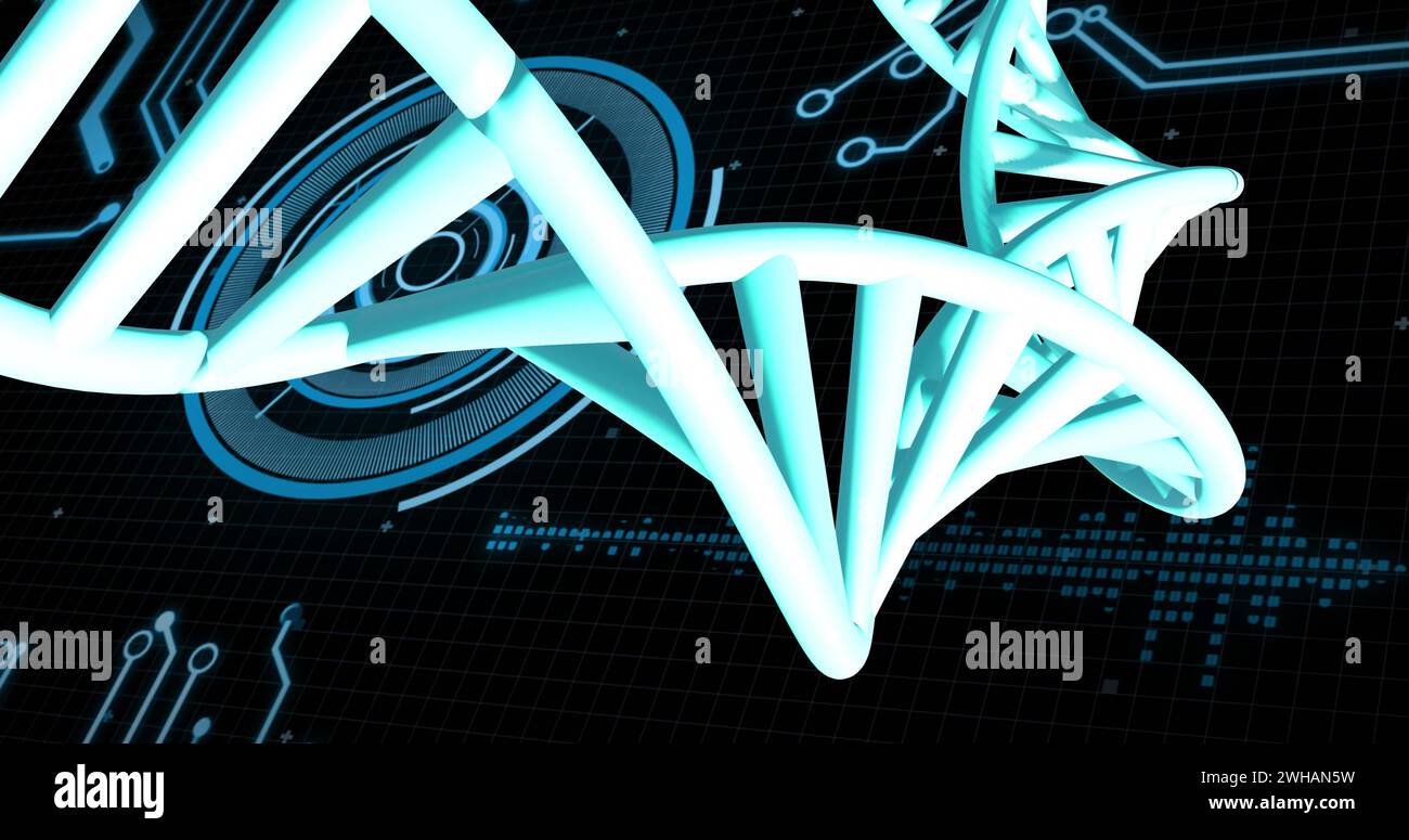 Image of dna strand spinning with data processing over black background ...