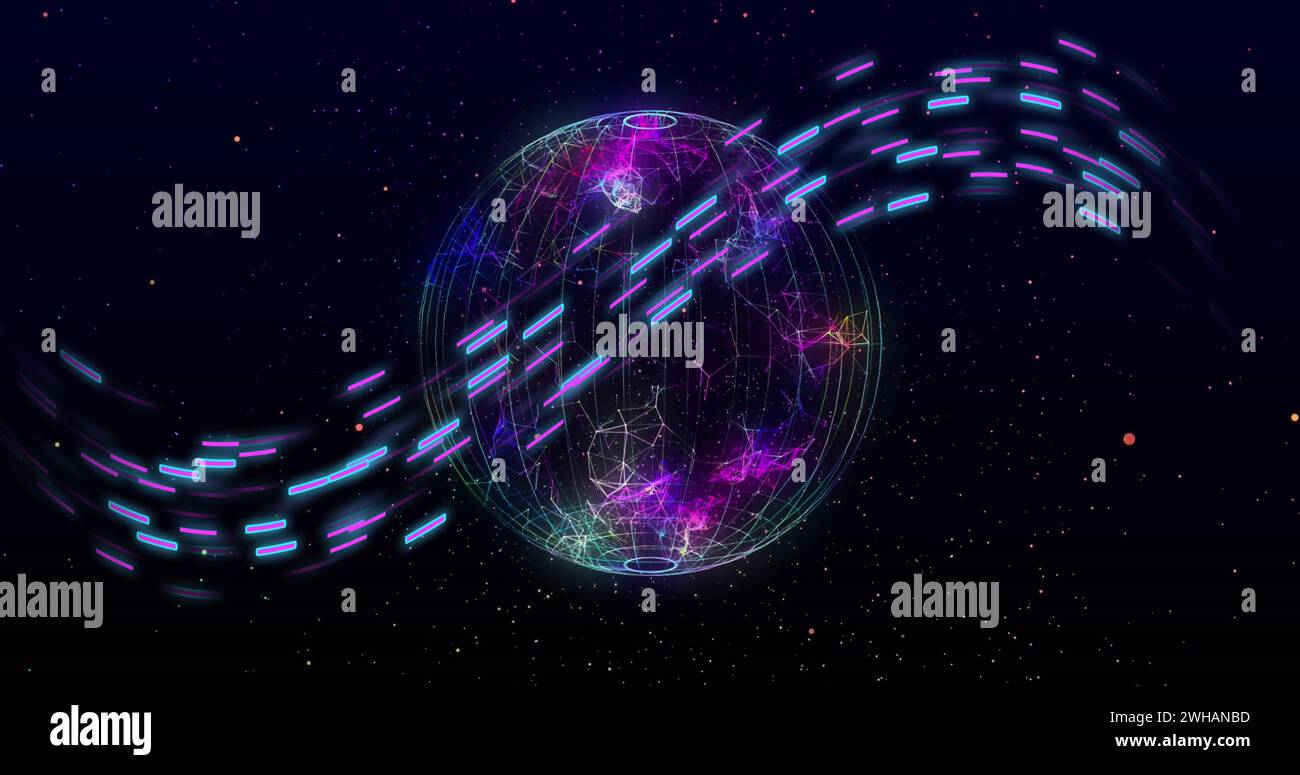 Image of glowing light trails of data transfer over globe moving in ...