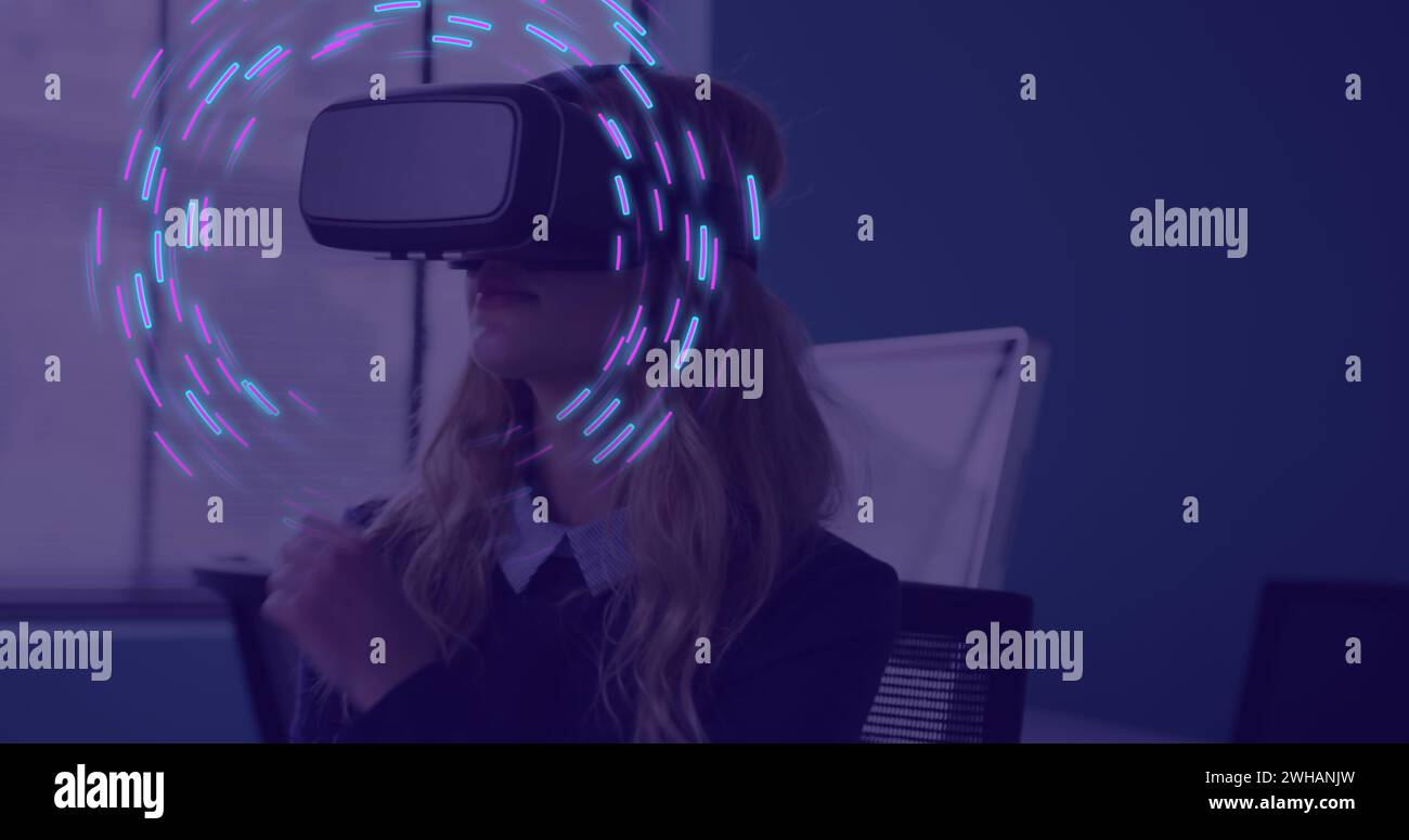 Image of glowing light trails of data transfer over caucasian woman in ...