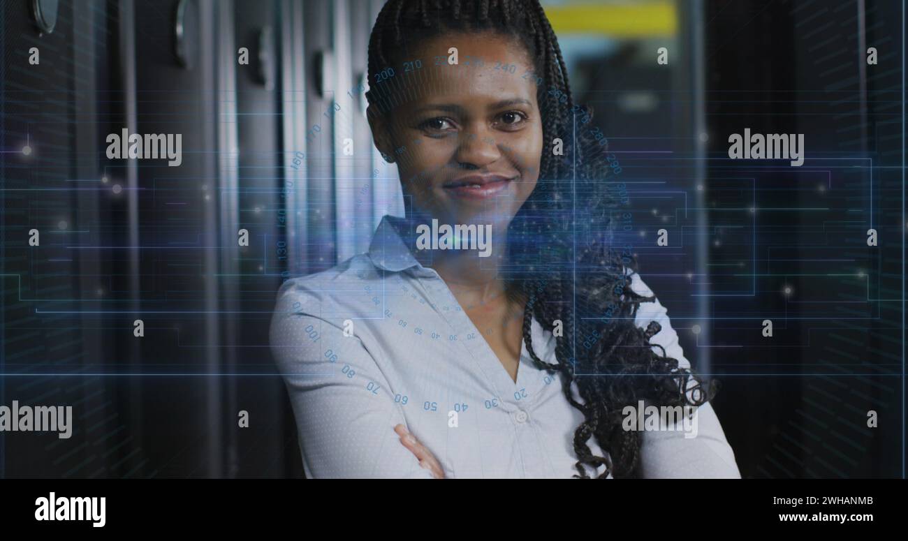 Image of data processing over african american female it engineer and ...