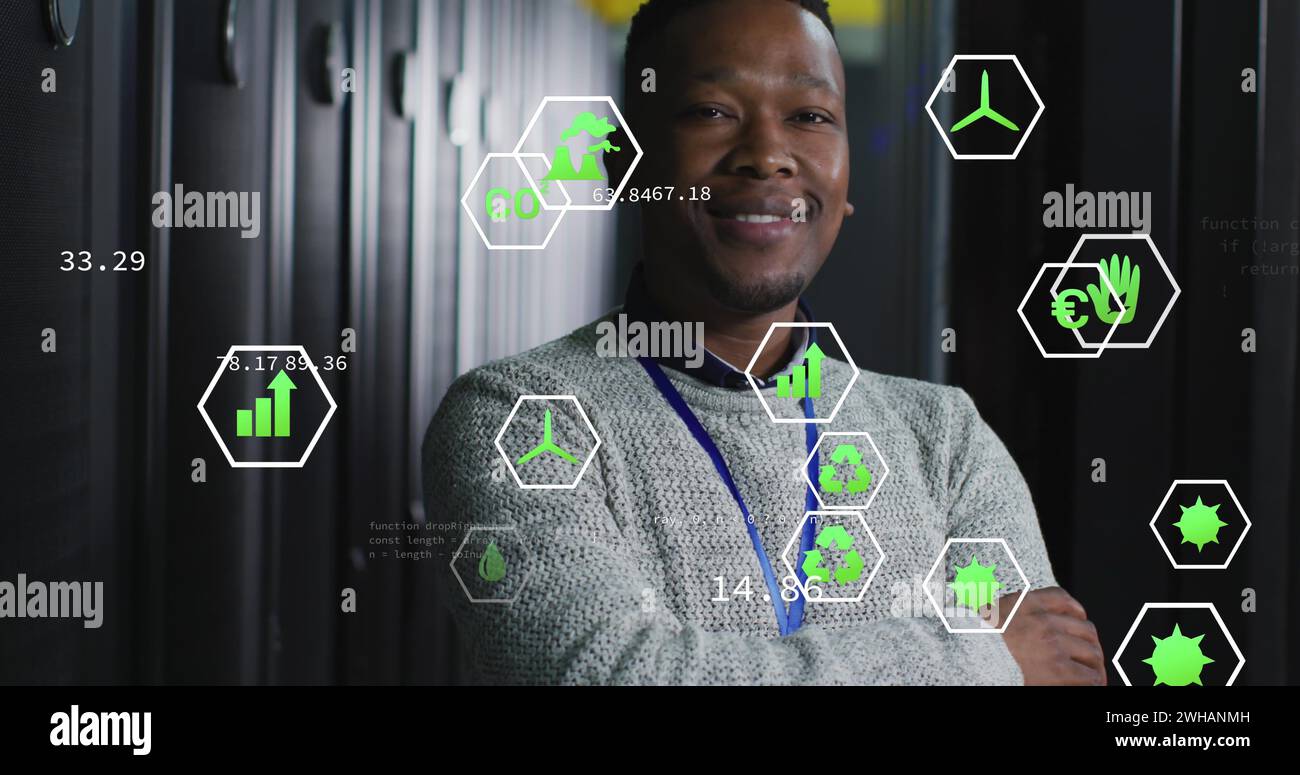 Image of data processing over african american male it engineer and ...