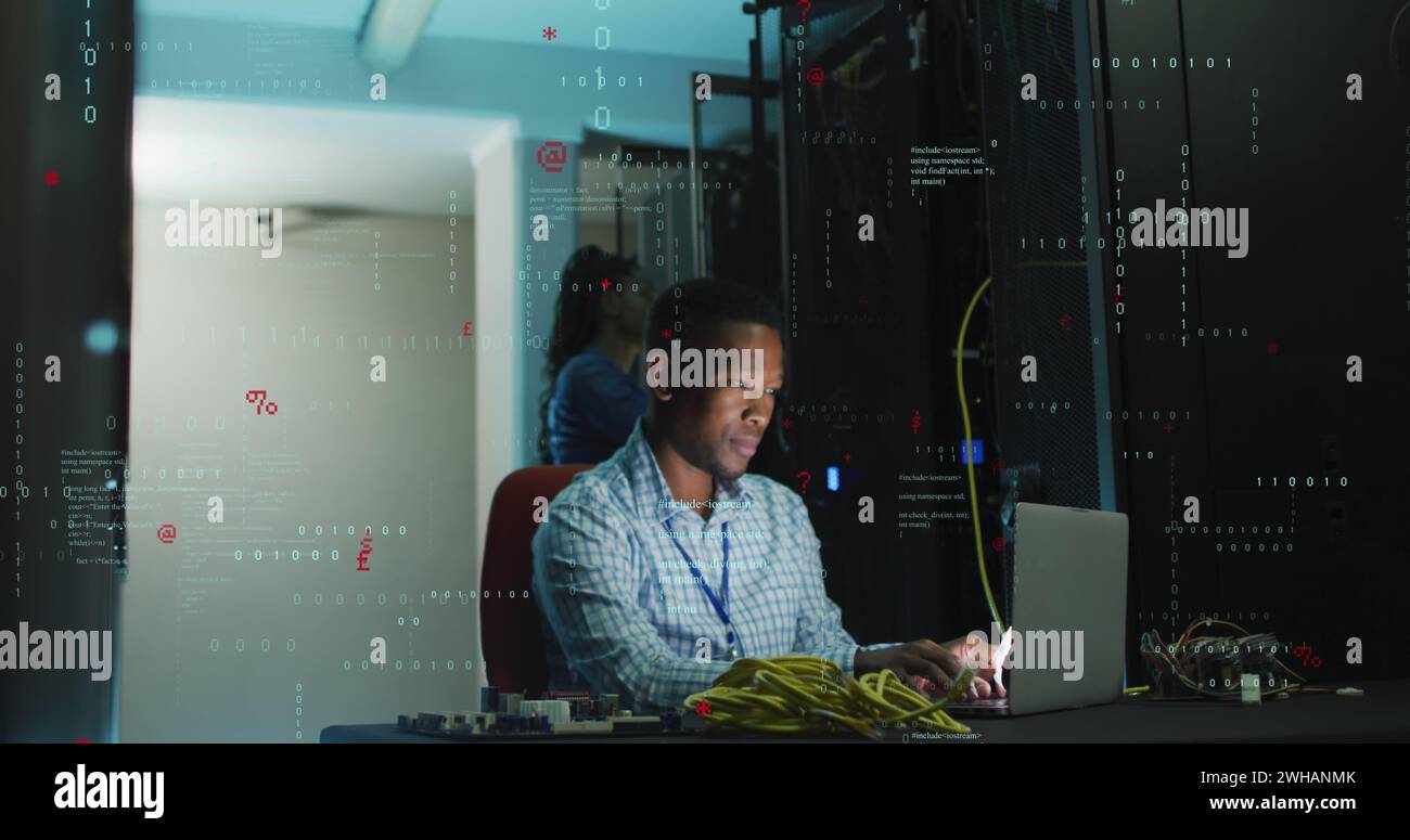 Image of data processing over african american male it engineer and ...