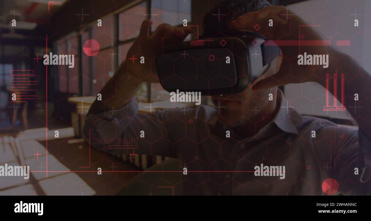 Digital interface with data processing against caucasian senior man ...