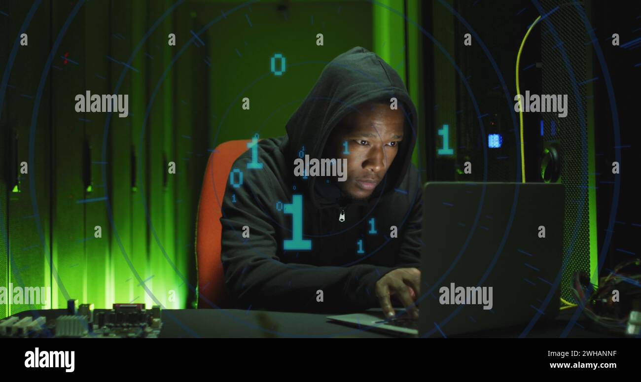 Image Of Binary Coding Over African American Male Hacker With Computer And Computer Servers