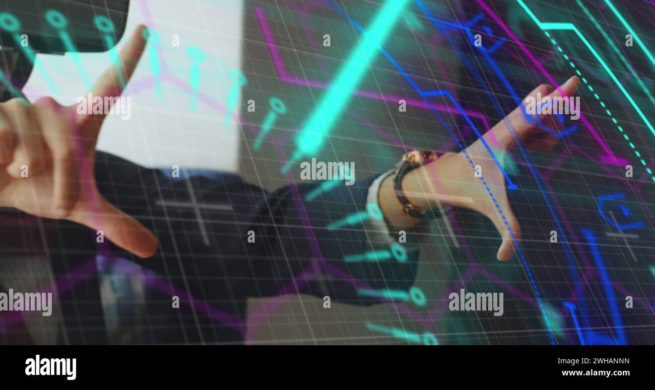 Data processing and neon scope scanner against woman in hijab wearing ...