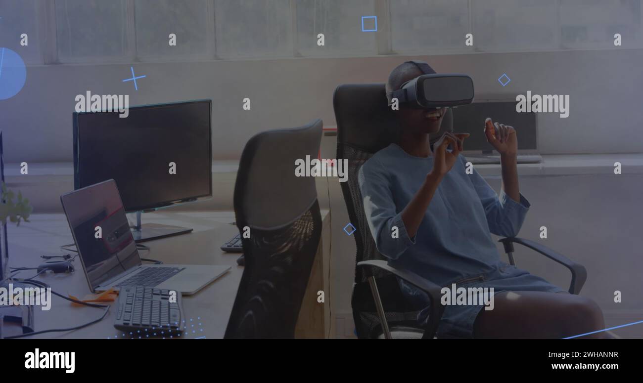 Image of data processing on screen over businesswoman wearing vr ...