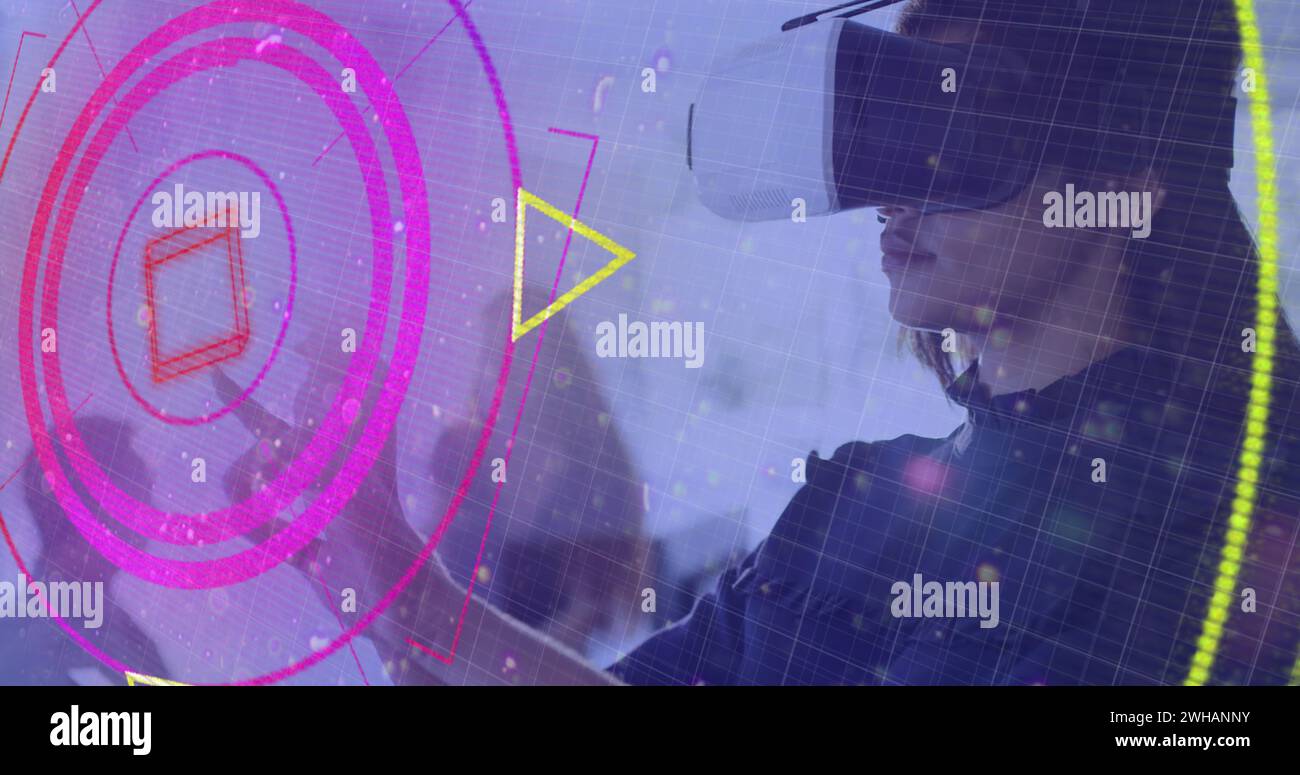 Image of scope scanning with flashing trails over woman wearing vr ...