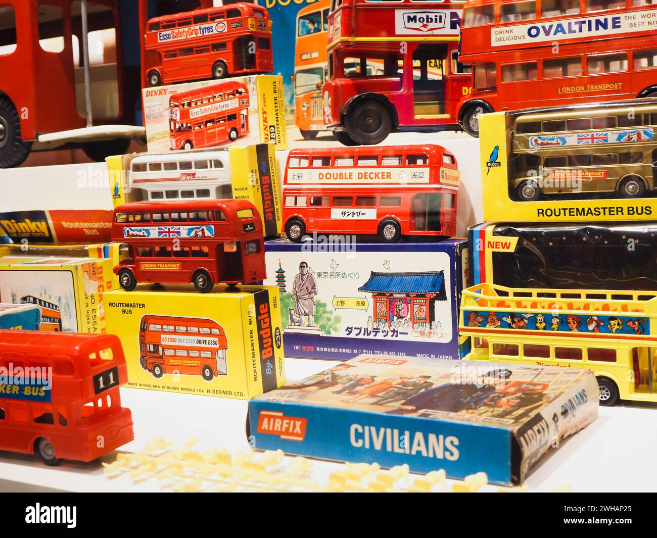 TOKYO, JAPAN - August 26, 2023: Display of vintage British toy buses ...