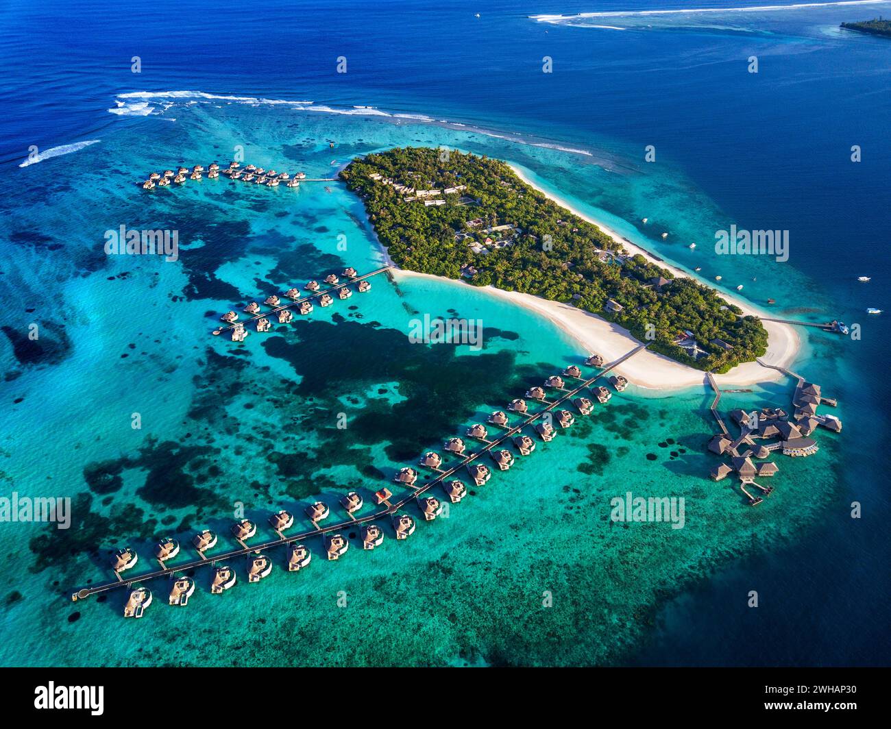 Aerial view of the luxury ower water villas of Six Senses Laamu ... Aerial view of the luxury ower water villas of Six Senses Laamu ...