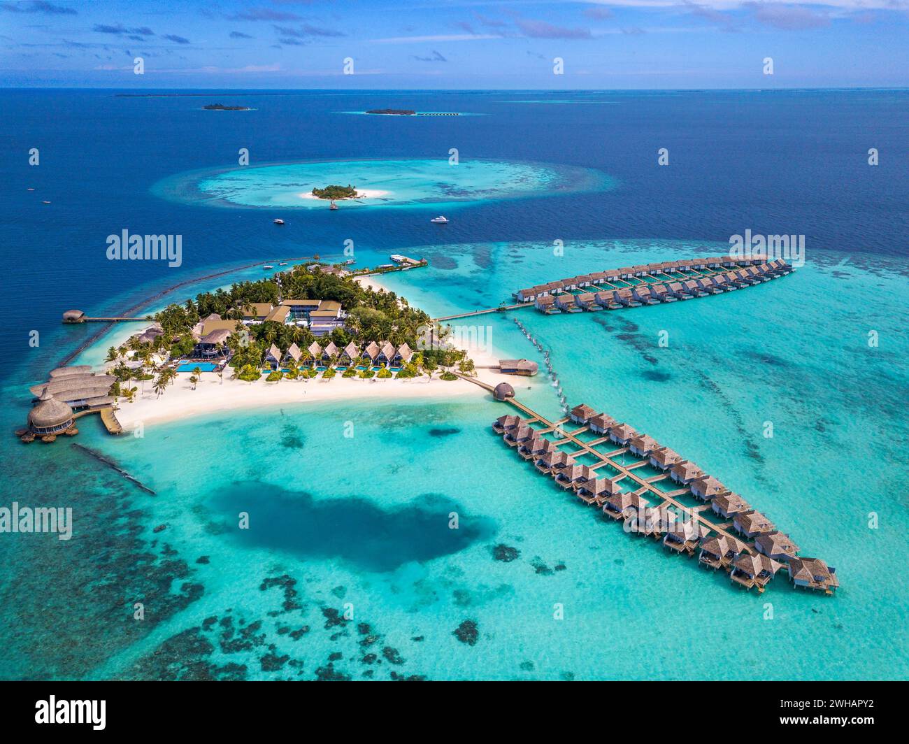 Aerial view of the Outrigger maldives Maafushivaru luxury resort, South ...