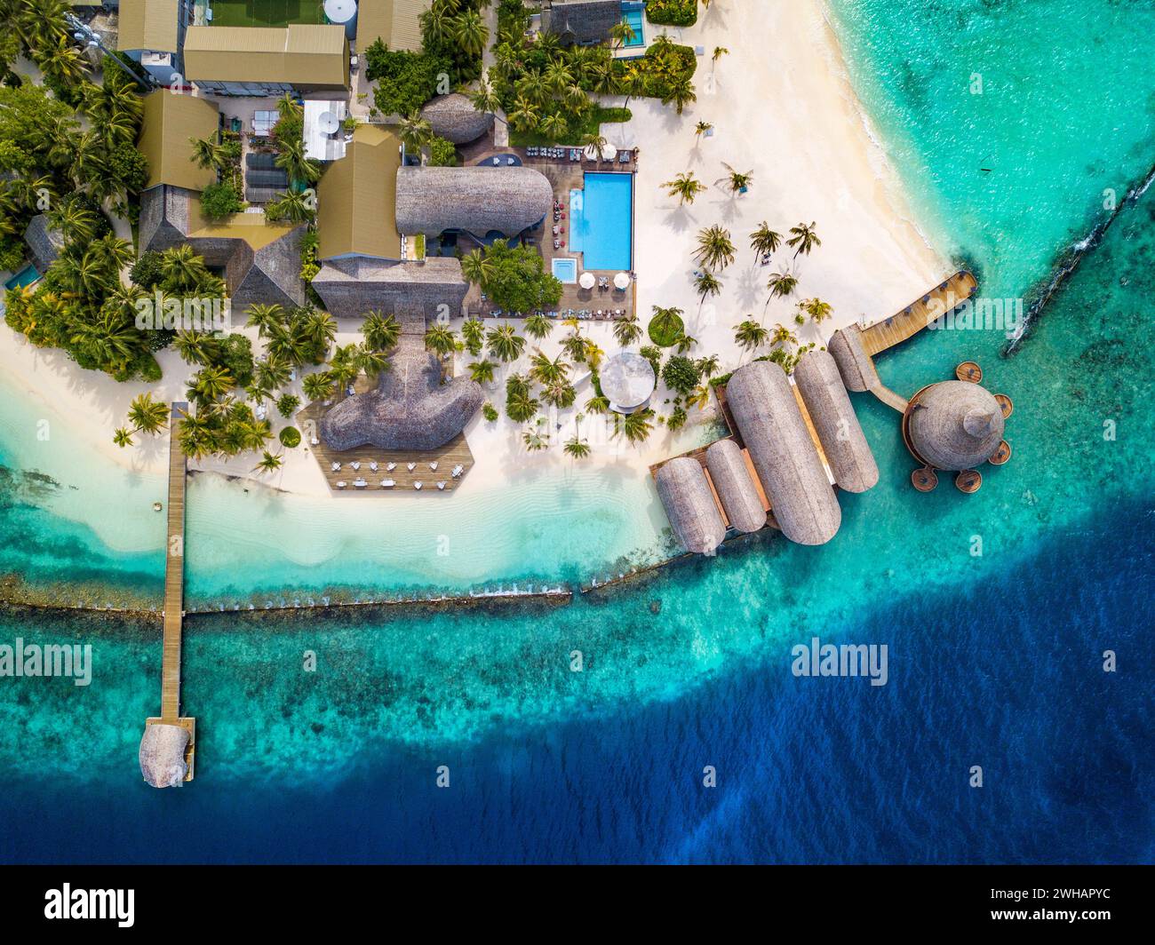 Aerial view of the Outrigger maldives Maafushivaru luxury resort, South ...