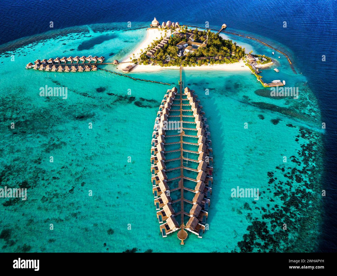 Aerial view of the Outrigger maldives Maafushivaru luxury resort, South ...